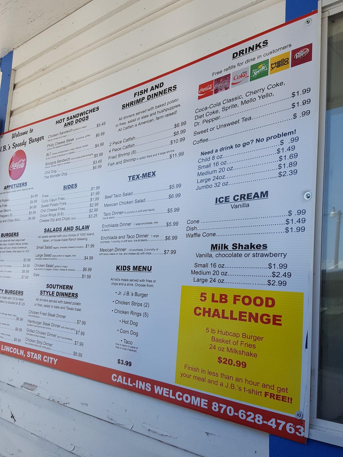 Menu at JB's Speedy Burger restaurant, Star City