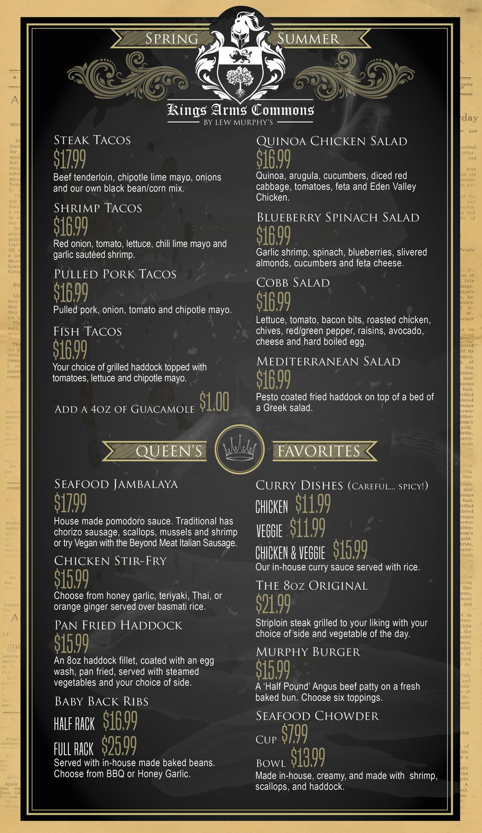 Menu at Kings Arms Commons pub & bar, Wolfville