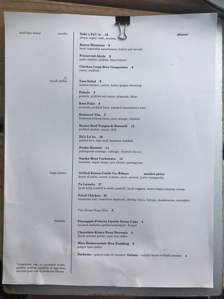 Menu at Mud Hen Water pub & bar, Honolulu, Waialae Ave