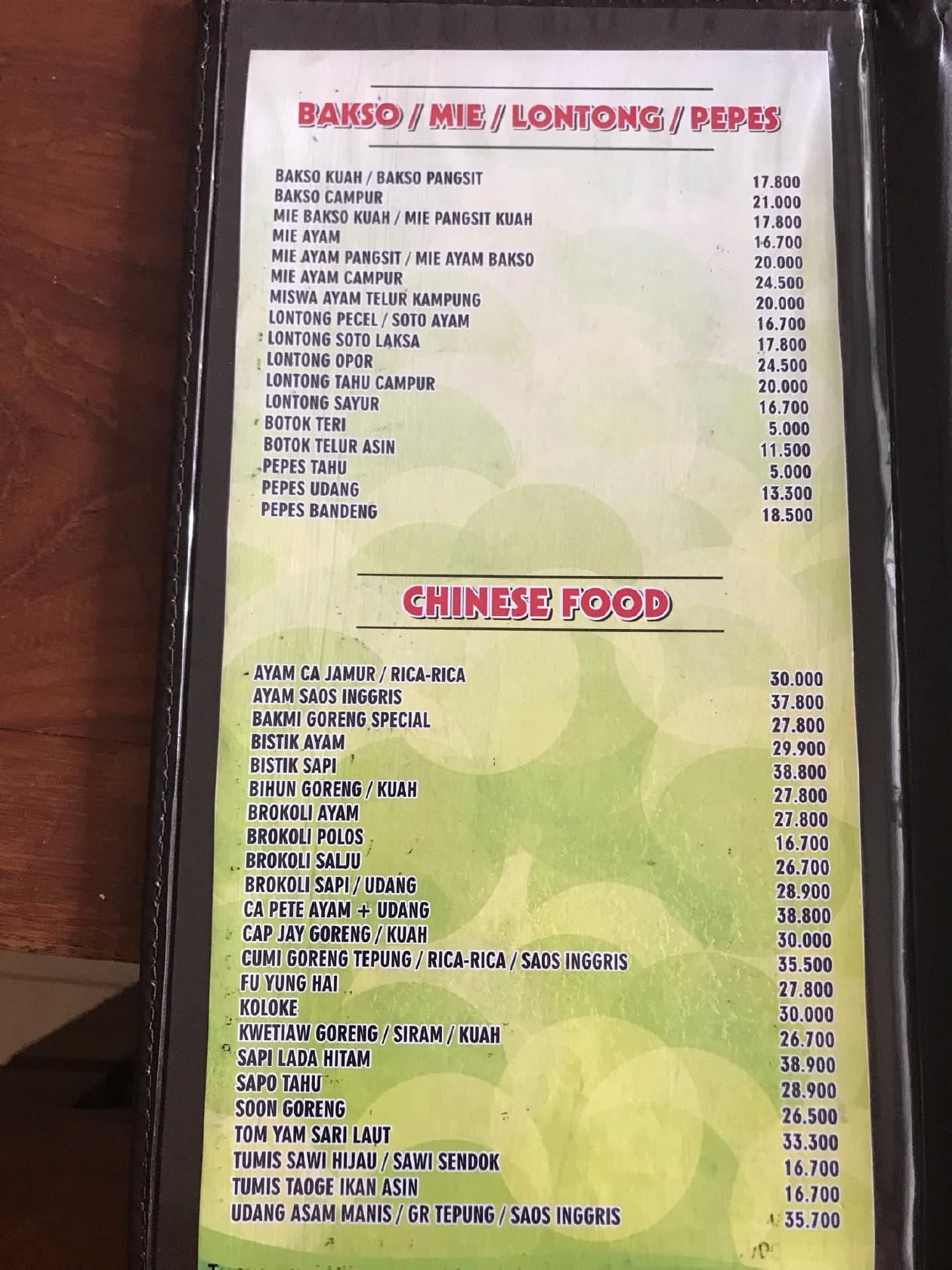 Menu at Rumah Makan Indah Sari restaurant, Semarang, Jl. MT. Haryono No ...