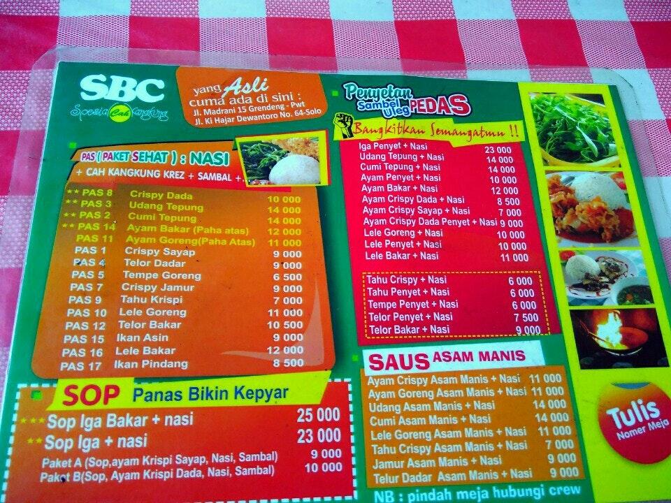 Menu at SBC Spesial Cah Kangkung Solo restaurant, Surakarta