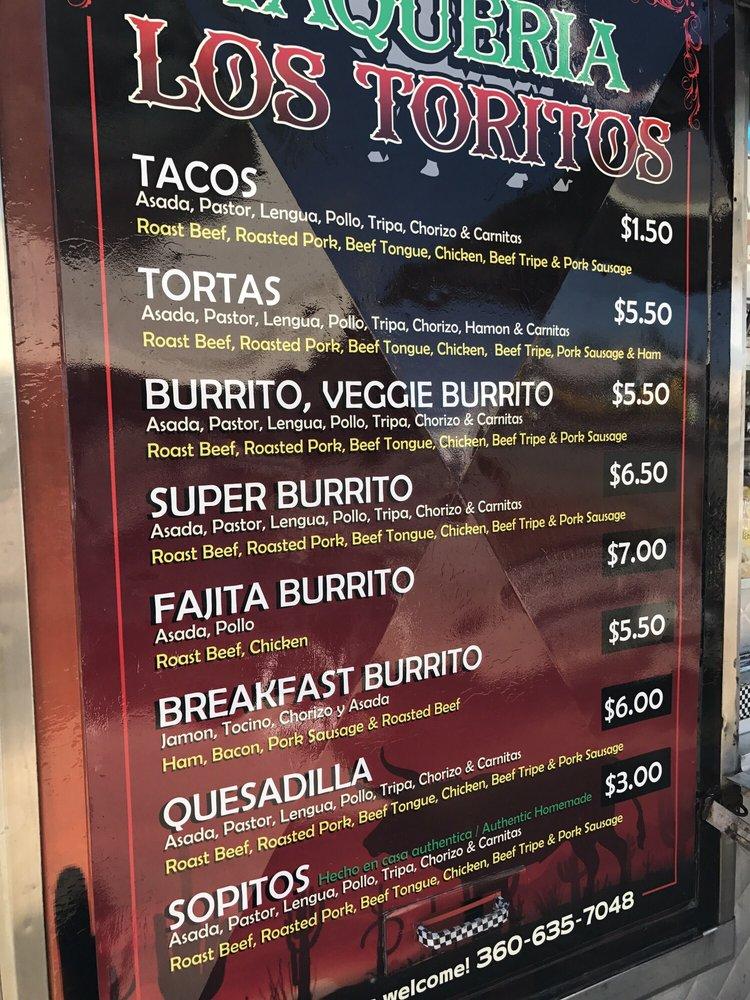 Menu at Taqueria Los Toritos restaurant, Battle Ground