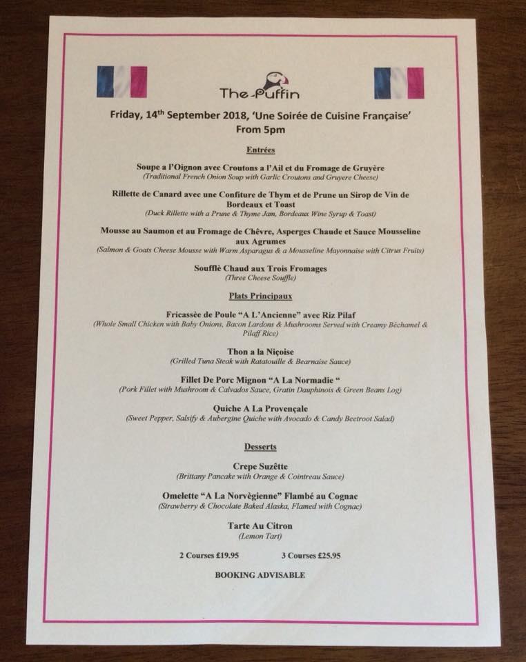 Menu at The Puffin restaurant, North Berwick
