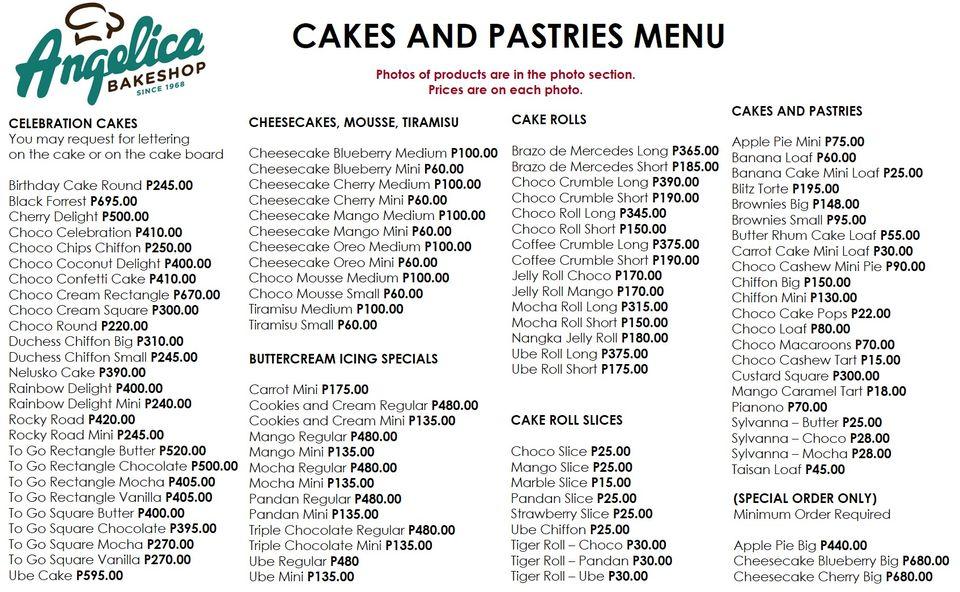 Menu at Angelica Bakeshop desserts, Cebu City, Osmeña Blvd