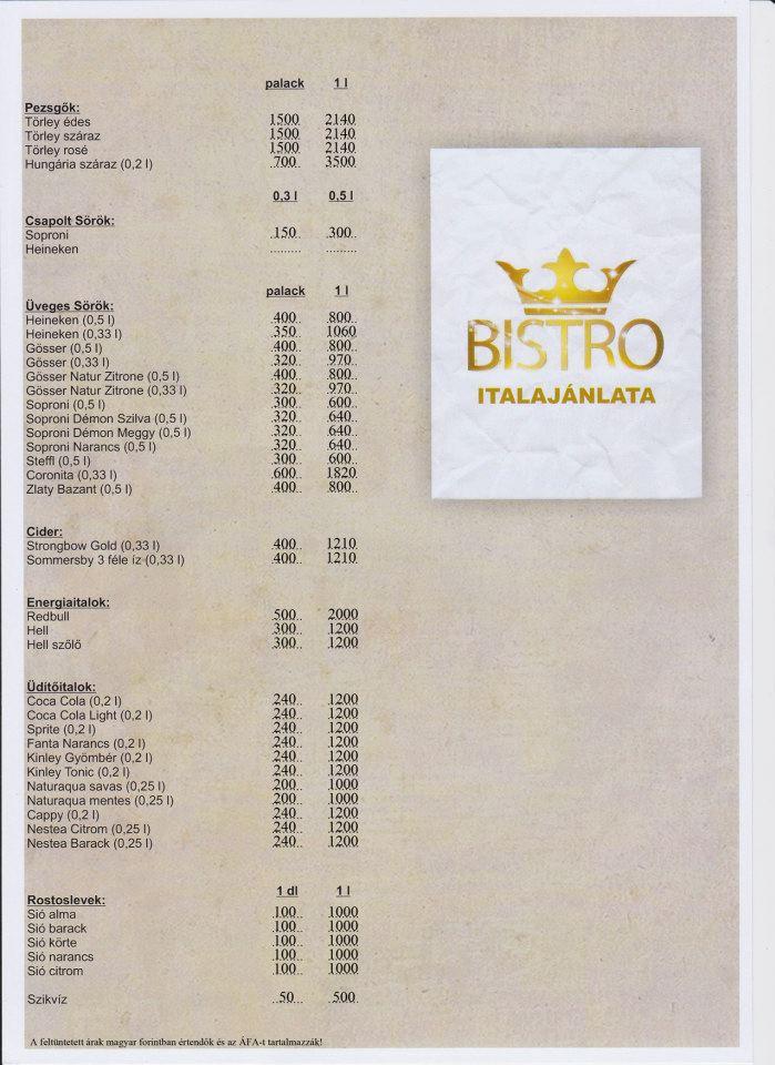 Menu at Bistro restaurant, Eger