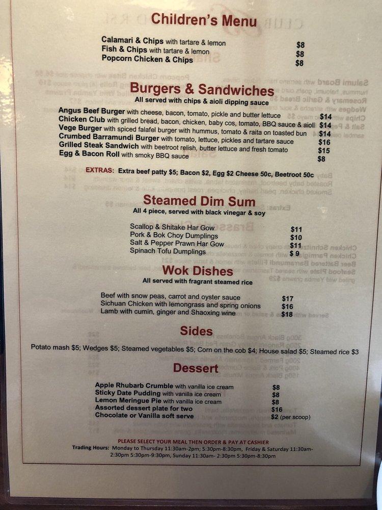 Menu at Club Burwood RSL, Burwood