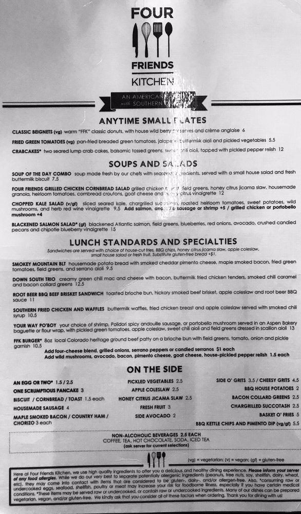 Menu at Four Friends Kitchen restaurant, Denver, Roslyn St