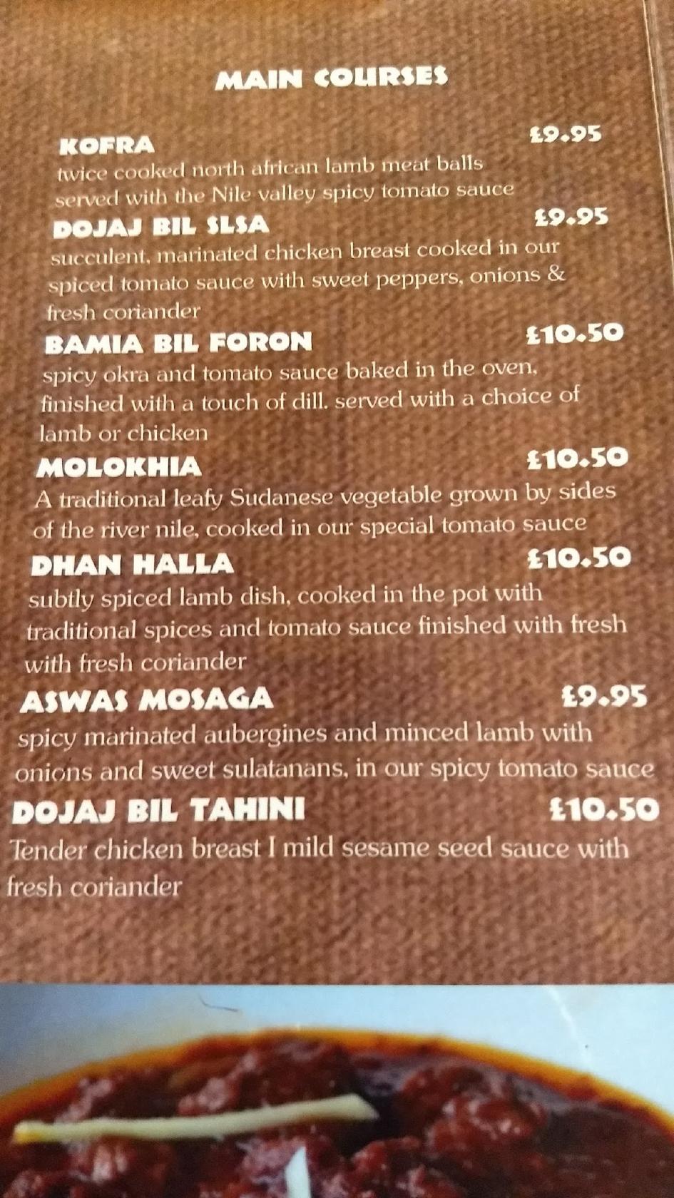 Menu at Nile Valley Cafe, Edinburgh