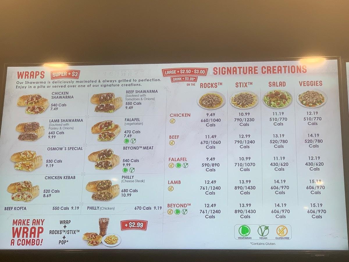 Menu at Osmow's Shawarma restaurant, Thunder Bay, 863 Red River Rd #5