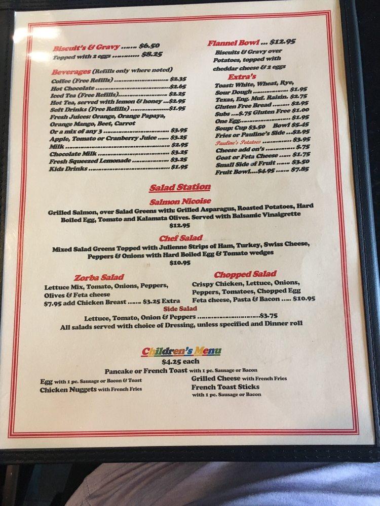 Menu at Pauline's restaurant, Chicago, W Fullerton Ave