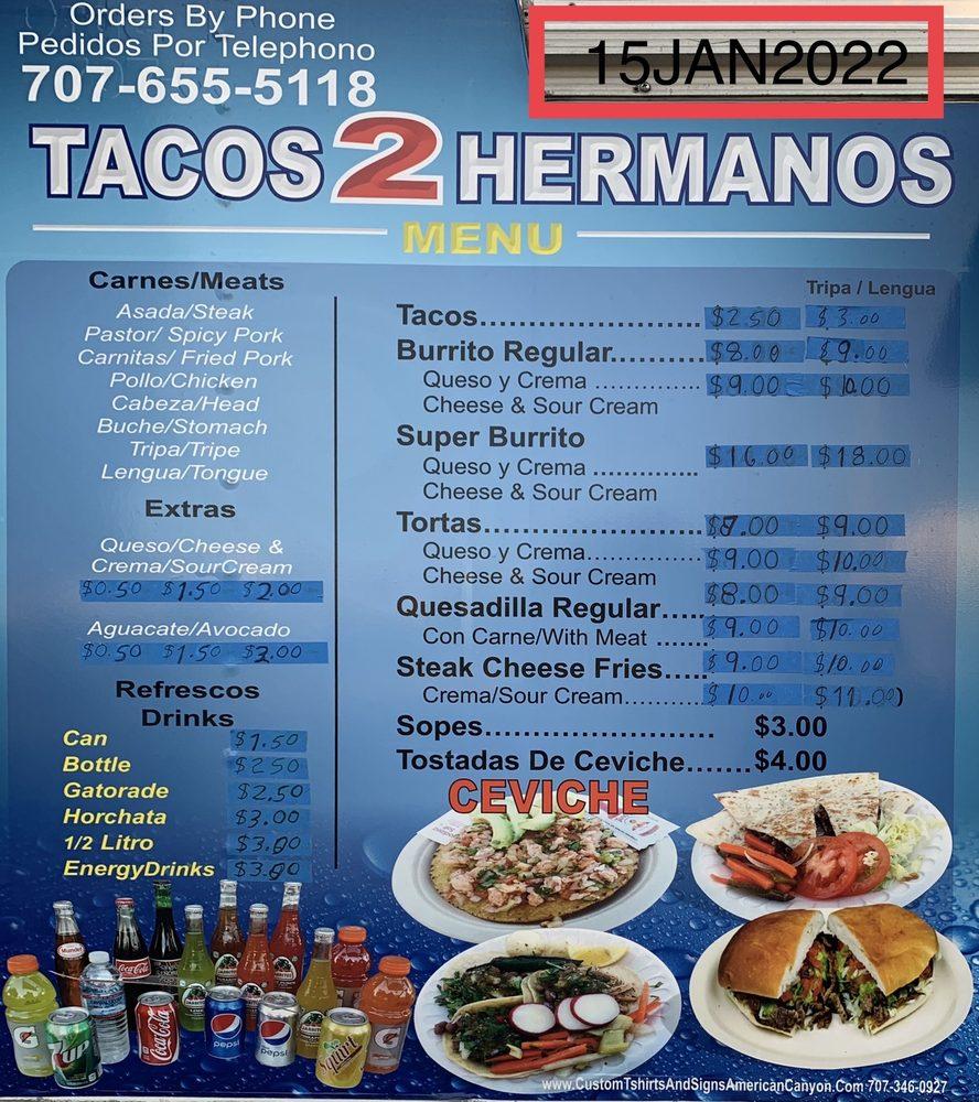 Menu at Tacos Dos Hermanos restaurant, Vallejo