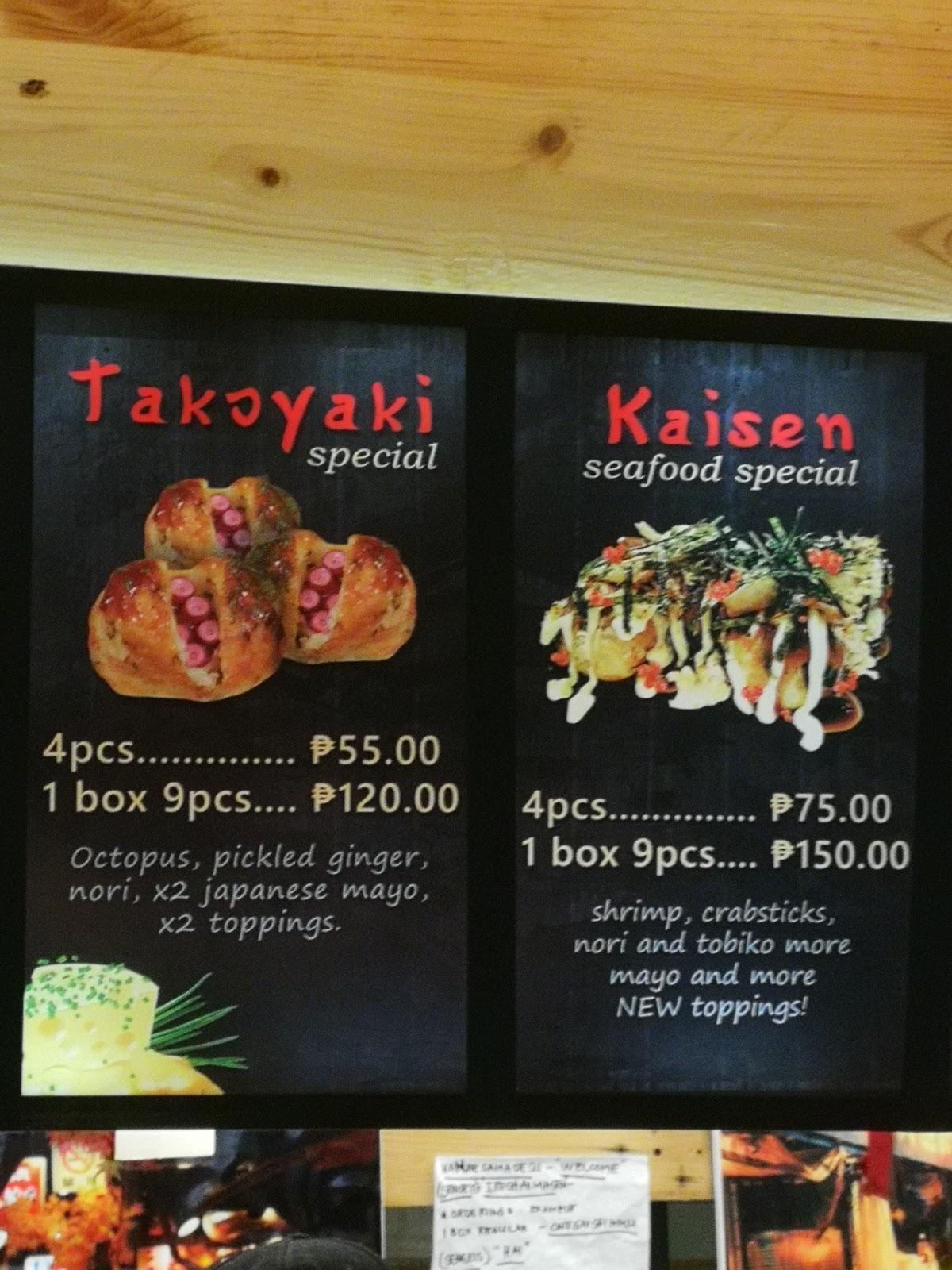 Menu at Takoyaki Sensei Atrium restaurant, Iloilo City