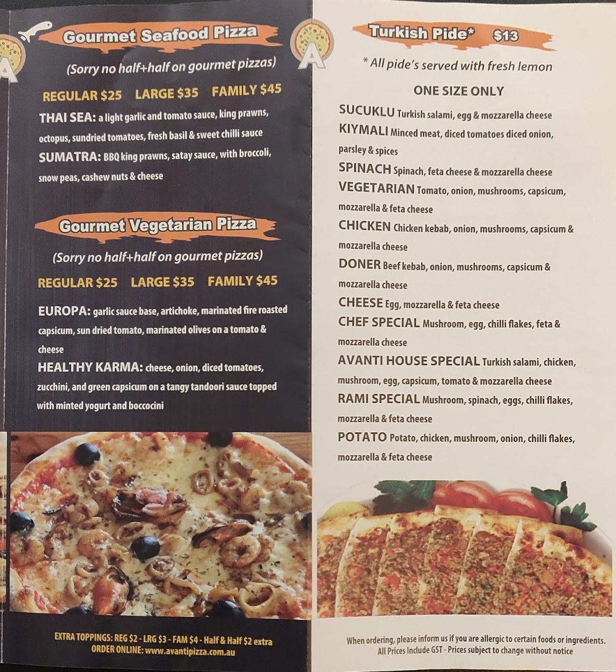 Carta de pizzería Avanti Pizza & Kebabs, Mount Druitt