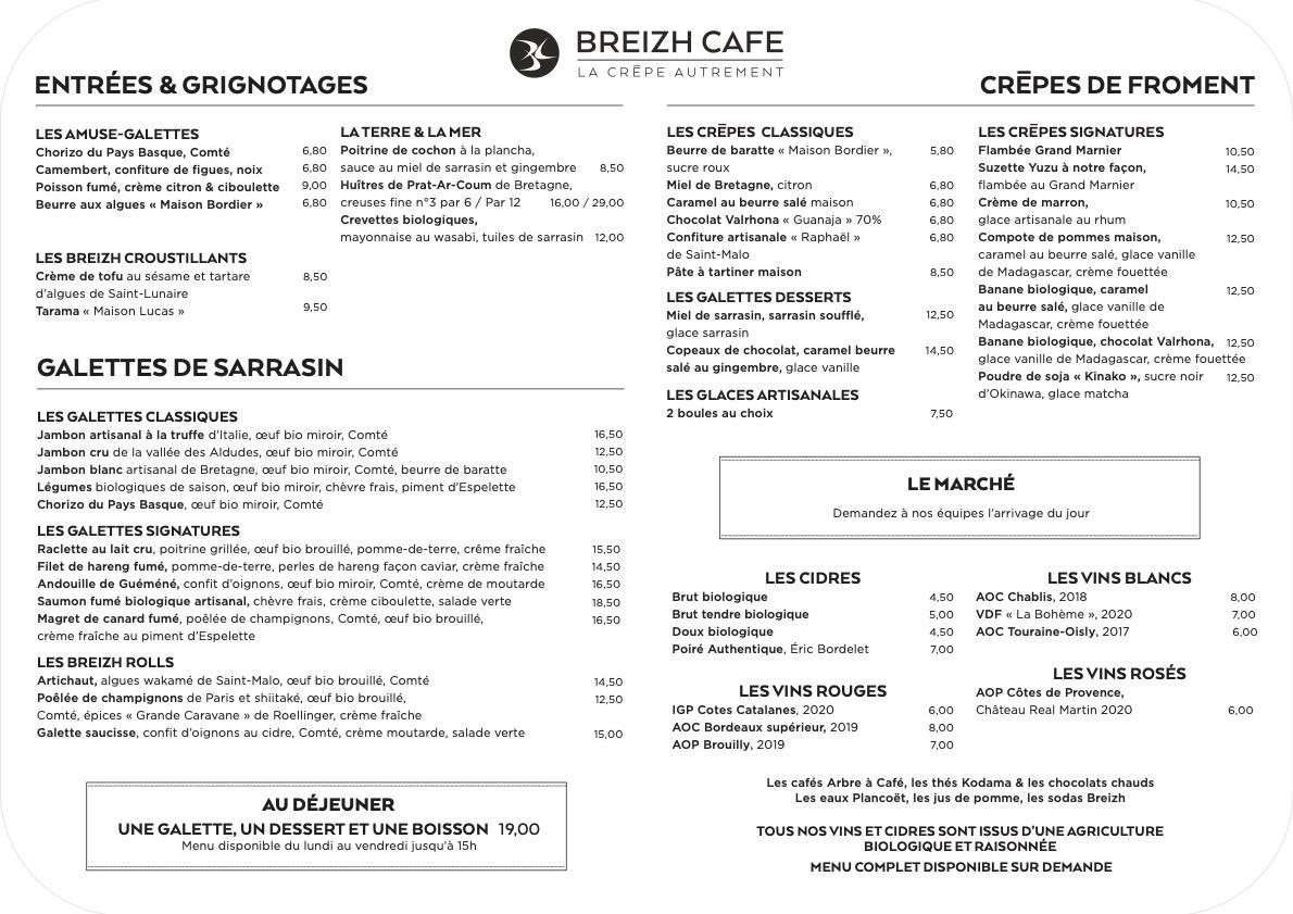 Menu au Breizh Café Batignolles, Paris, 31 rue des Batignolles
