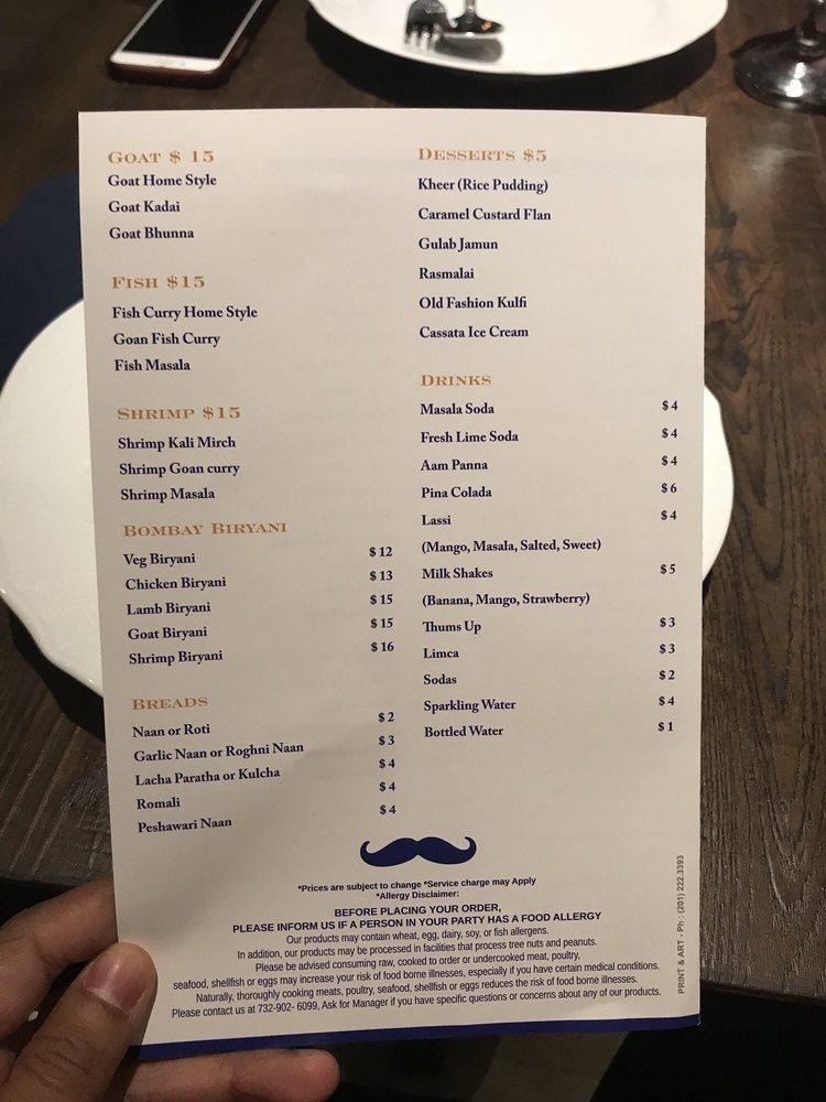 Menu at Bombay Blue restaurant, Edison