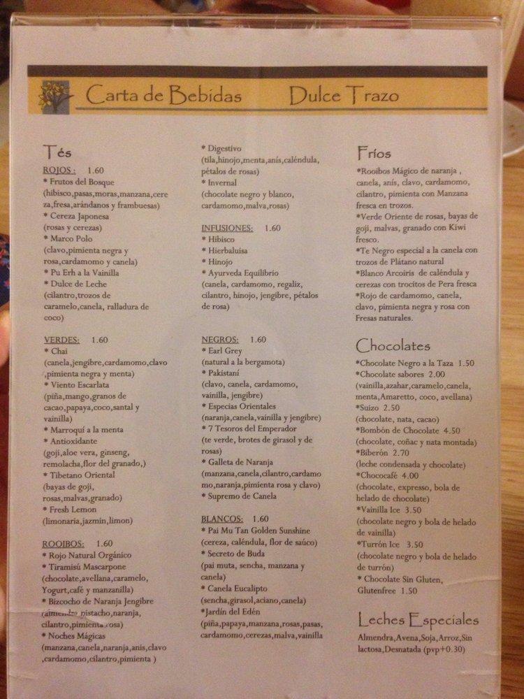 Menu at DULCE TRAZO cafeteria, Seville, Calle Mendez Nunez 7 Derecha