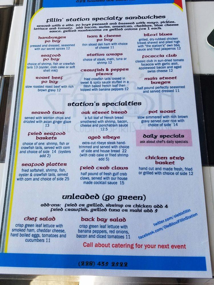 Menu at Fillin' Station pub & bar, Biloxi