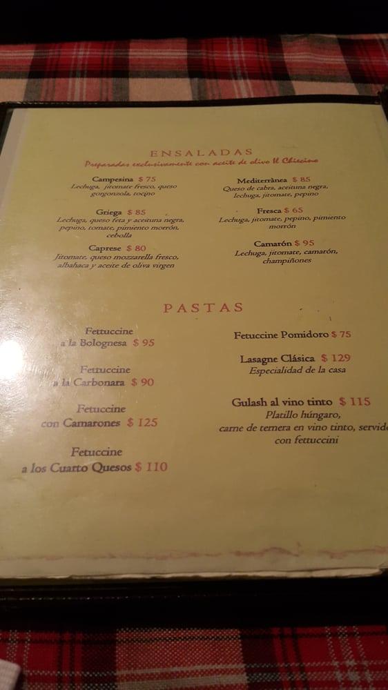 Carta del restaurante Il Ritrovo, Ciudad del México