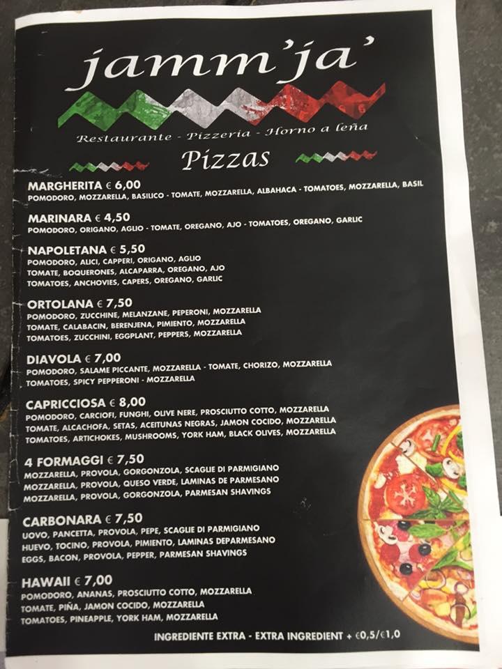 Menu at Jamm'ja Pizzeria, Los Cristianos