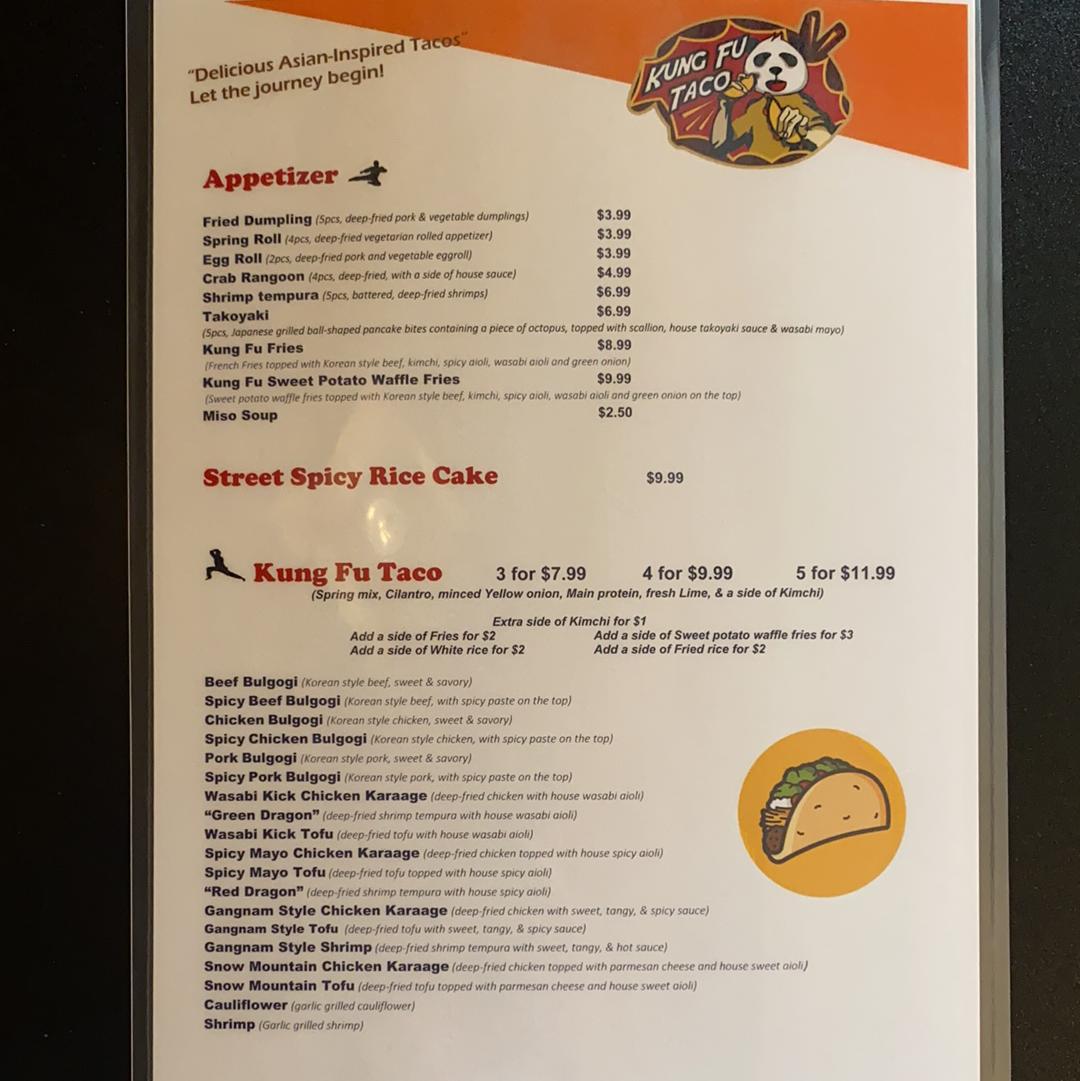 Menu at Kung Fu Taco restaurant, Springfield