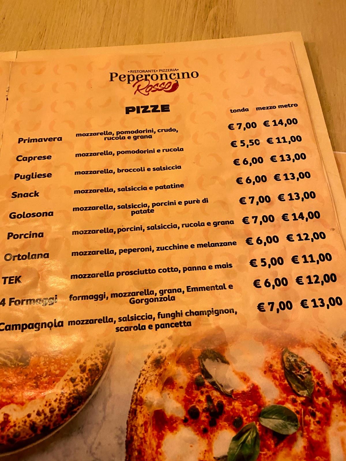 Menu at Peperoncino rosso restaurant, Pagani