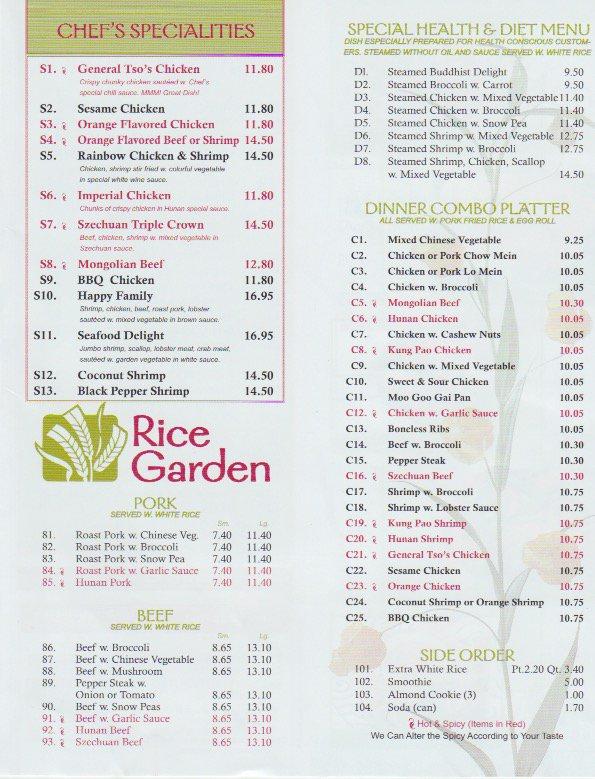 Menu at Rice Garden restaurant, Hobart