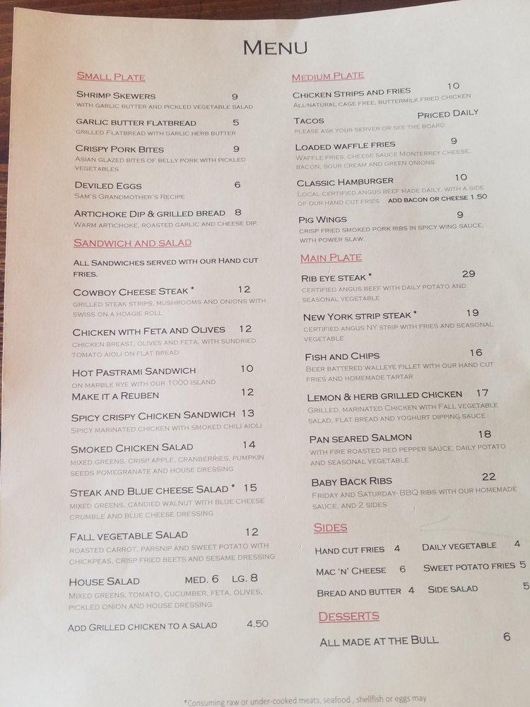 Menu at The Bull Pub, Cowley