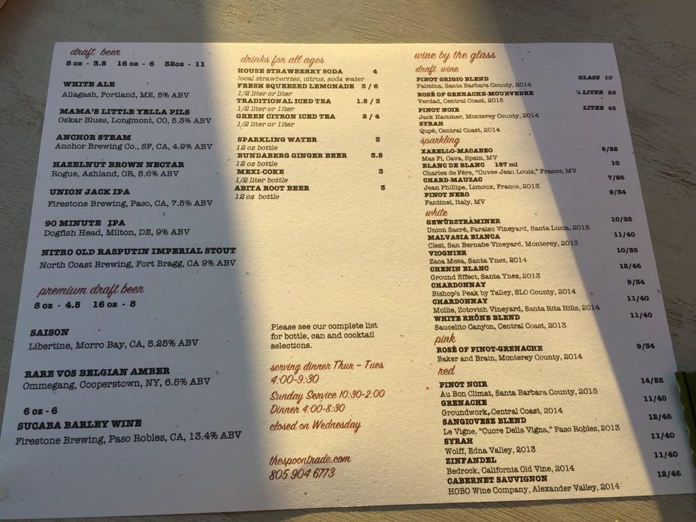 Menu at The Spoon Trade pub & bar, Grover Beach