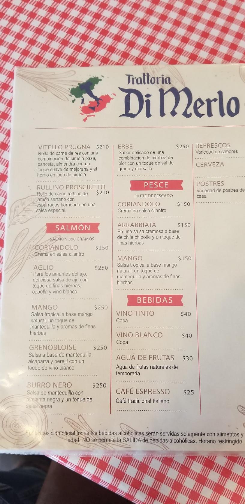 Carta del restaurante Trattoria Tutto Di Merlo, Chipilo del Francisco ...