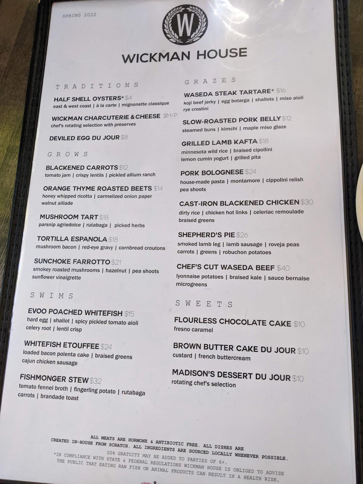 Menu at Wickman House pub & bar, Ellison Bay