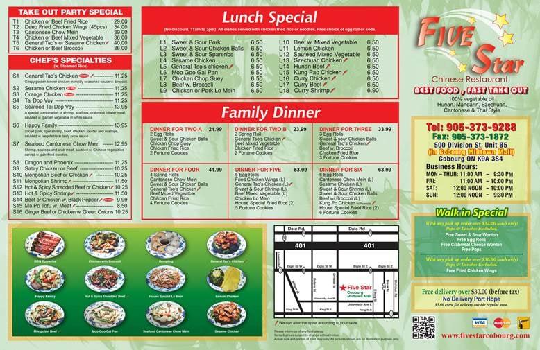 Menu at Five Star Chinese Restaurant, Cobourg