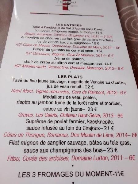 Menu au L'Arsenal restaurant, Nancy