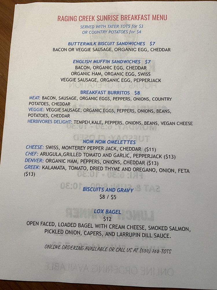 Menu at Raging Creek Pub, Willow Creek