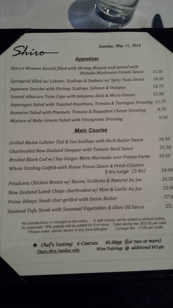 Menu at Shiro pub & bar, South Pasadena