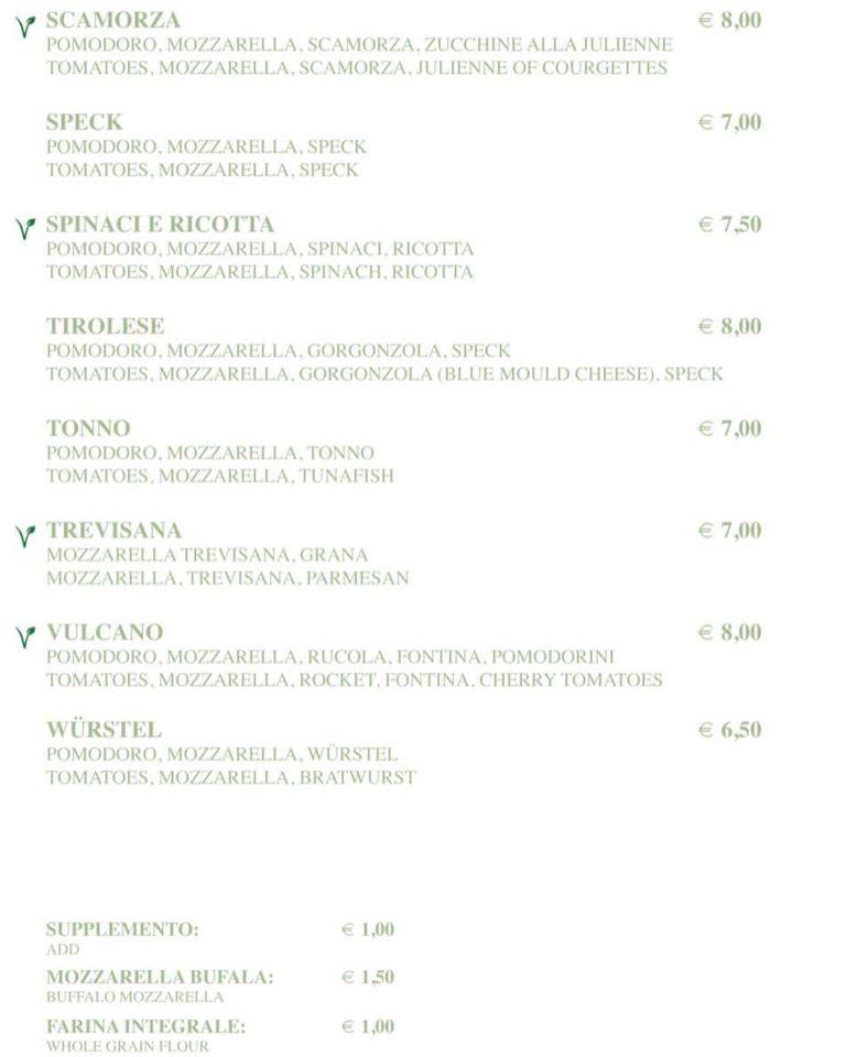 Menu da Vulcano Village pizzeria, Castro