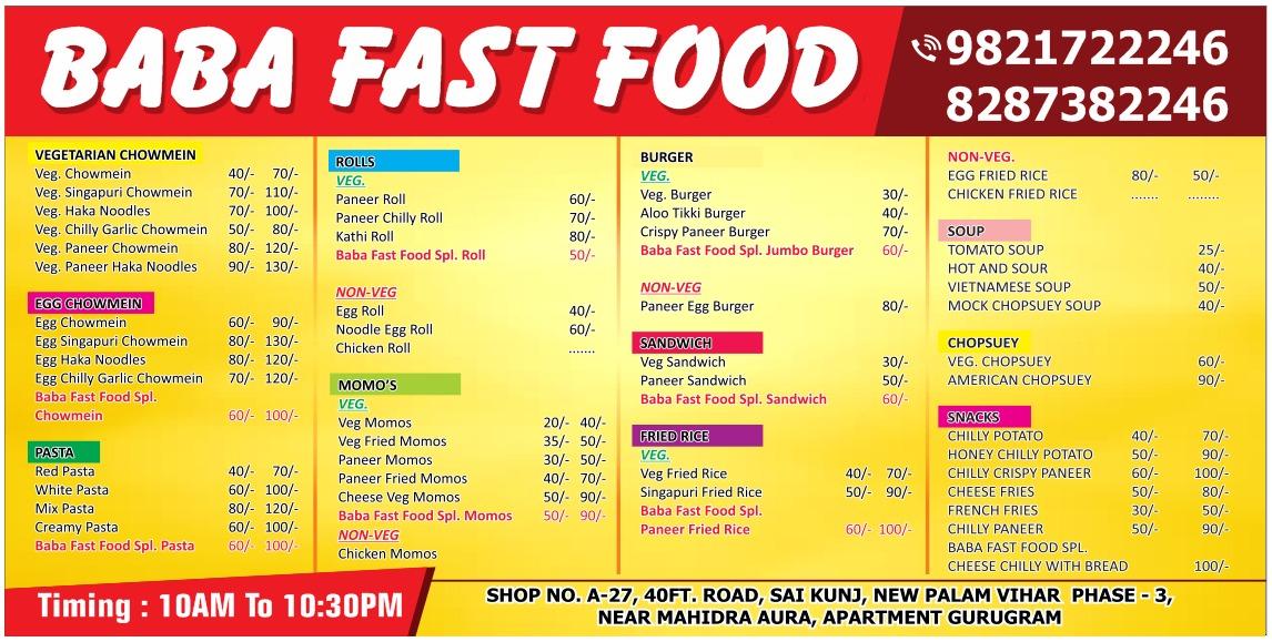 Menu at Baba fast food, Gurugram