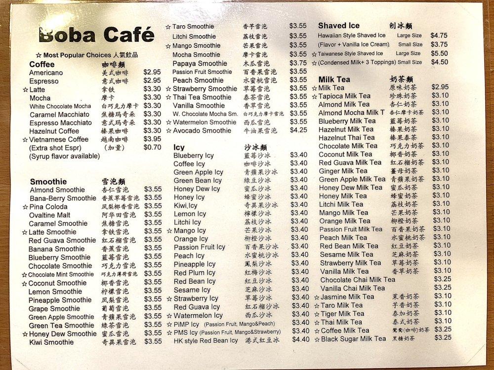 Menu at Boba Cafe, Sacramento