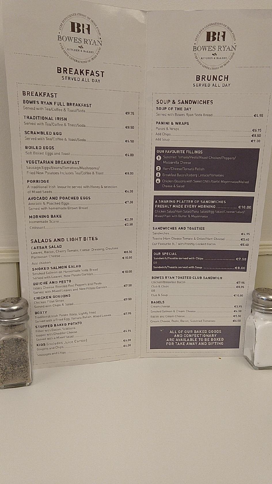 Menu at Bowes Ryan Cafe, Knock