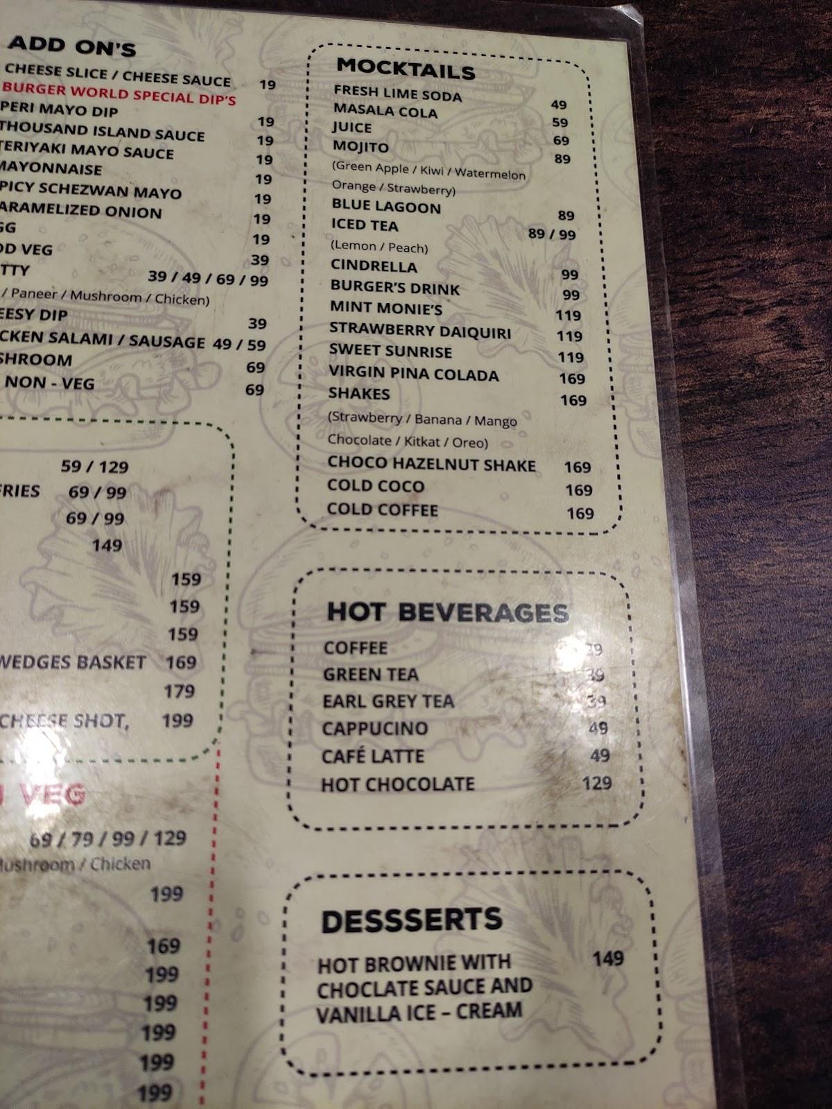 Menu at Burger World, Siliguri