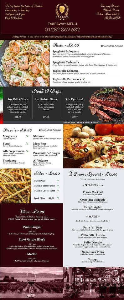 Menu at Carlo's Restaurant, Colne