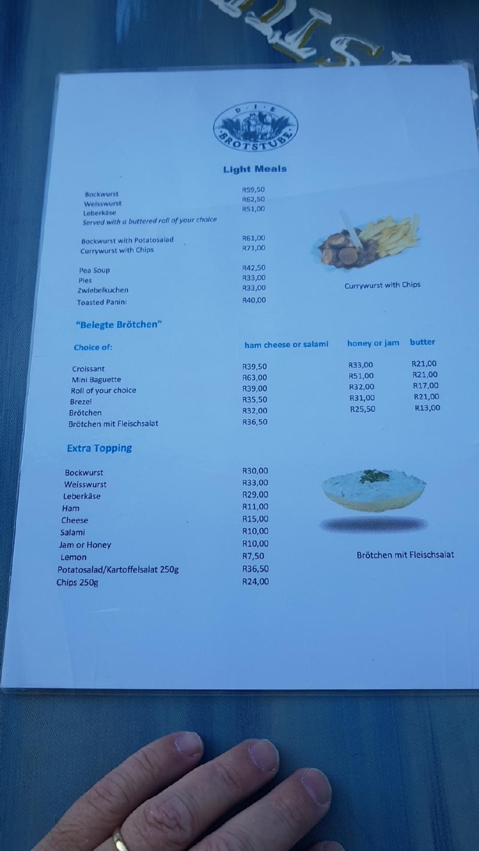 Menu at Die Brotstube, Pretoria