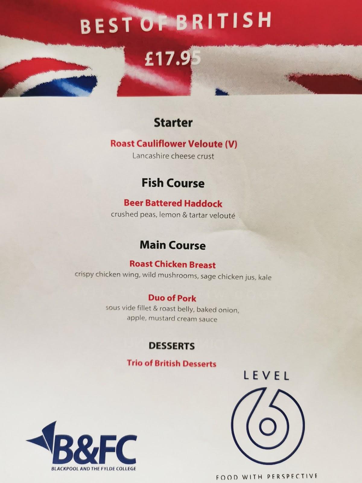 Menu at Level 6 Restaurant: Blackpool and The Fylde College, Blackpool