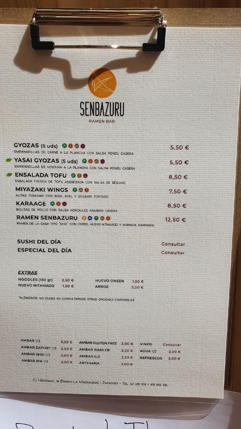 Carta de SENBAZURU RAMEN BAR, Zaragoza