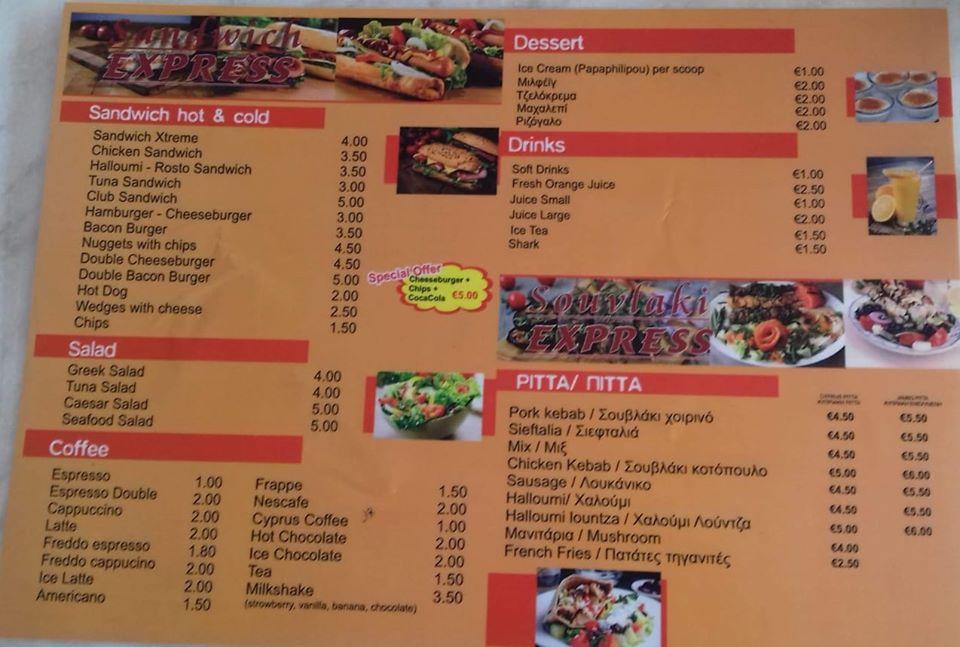 Menu at Sandwich Express, Paphos, Eleftheriou Venizelou 99