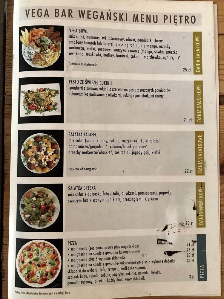 Menu at Vega restaurant, Wrocław