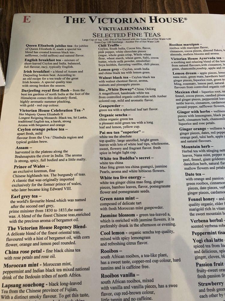 Menu at The Victorian House cafe, Munich, Frauenstraße 14