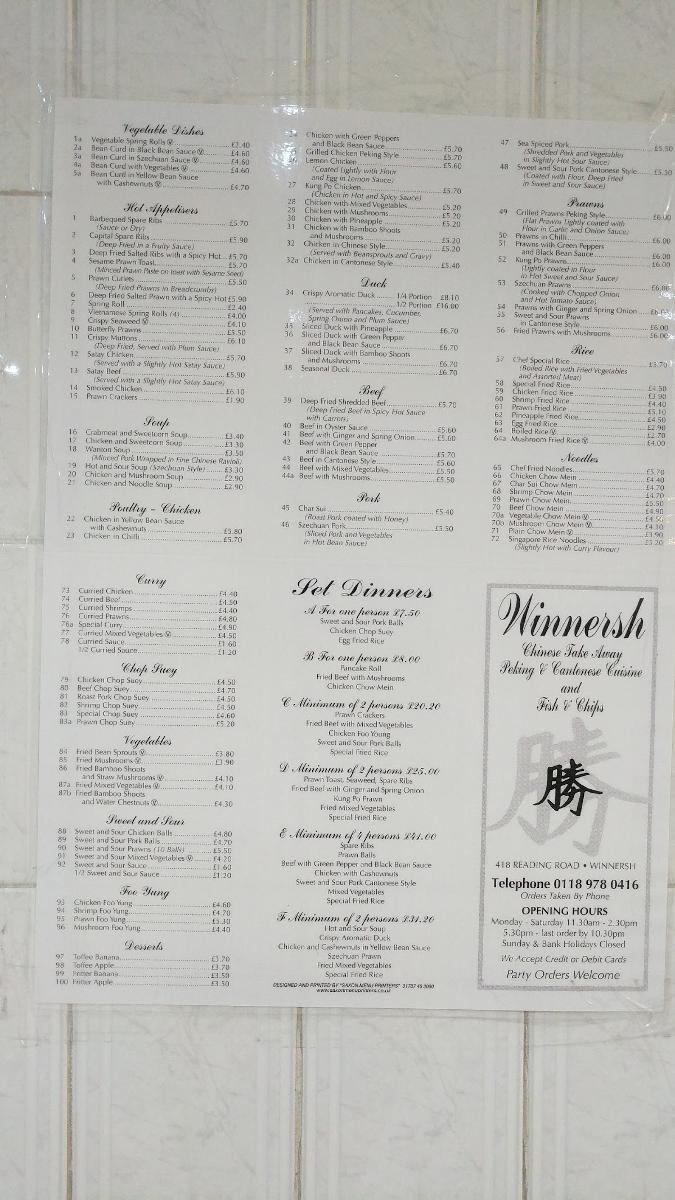 Menu at Winnersh Fish & Chip Shop fast food, Wokingham