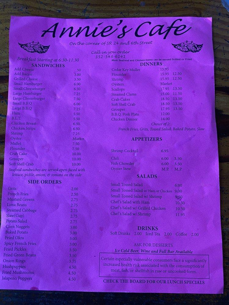 Menu at Annie's Cafe, Cedar Key