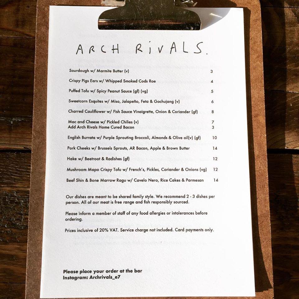 Menu at Arch Rivals pub & bar, London