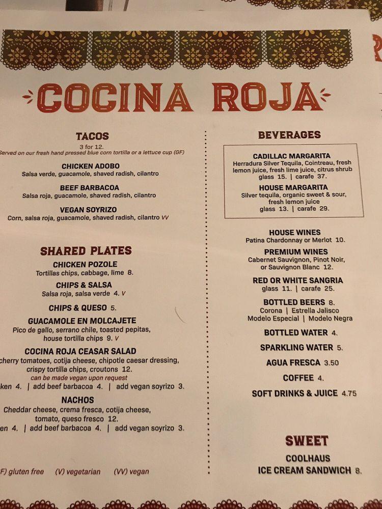 Menu at Cocina Roja restaurant, Los Angeles